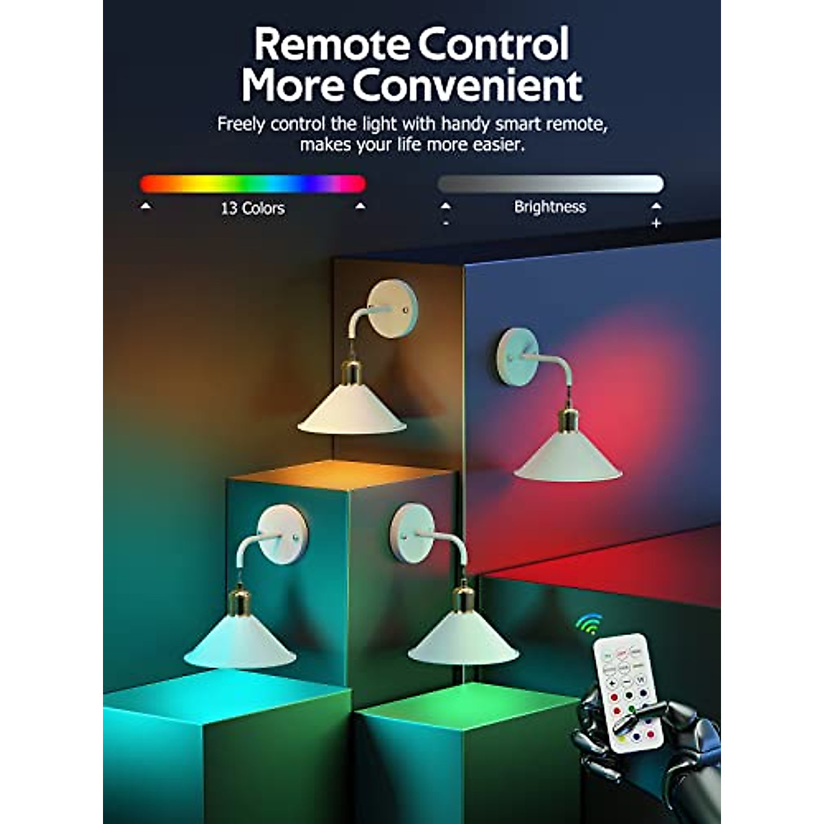 Battery Operated Wall Sconce, Wireless Wall Lights Set of 2, 13 RGB Colors Dimmable Battery Powered Wall Lamp with Remote, Memory Function, Timer for Bedroom, Living Room