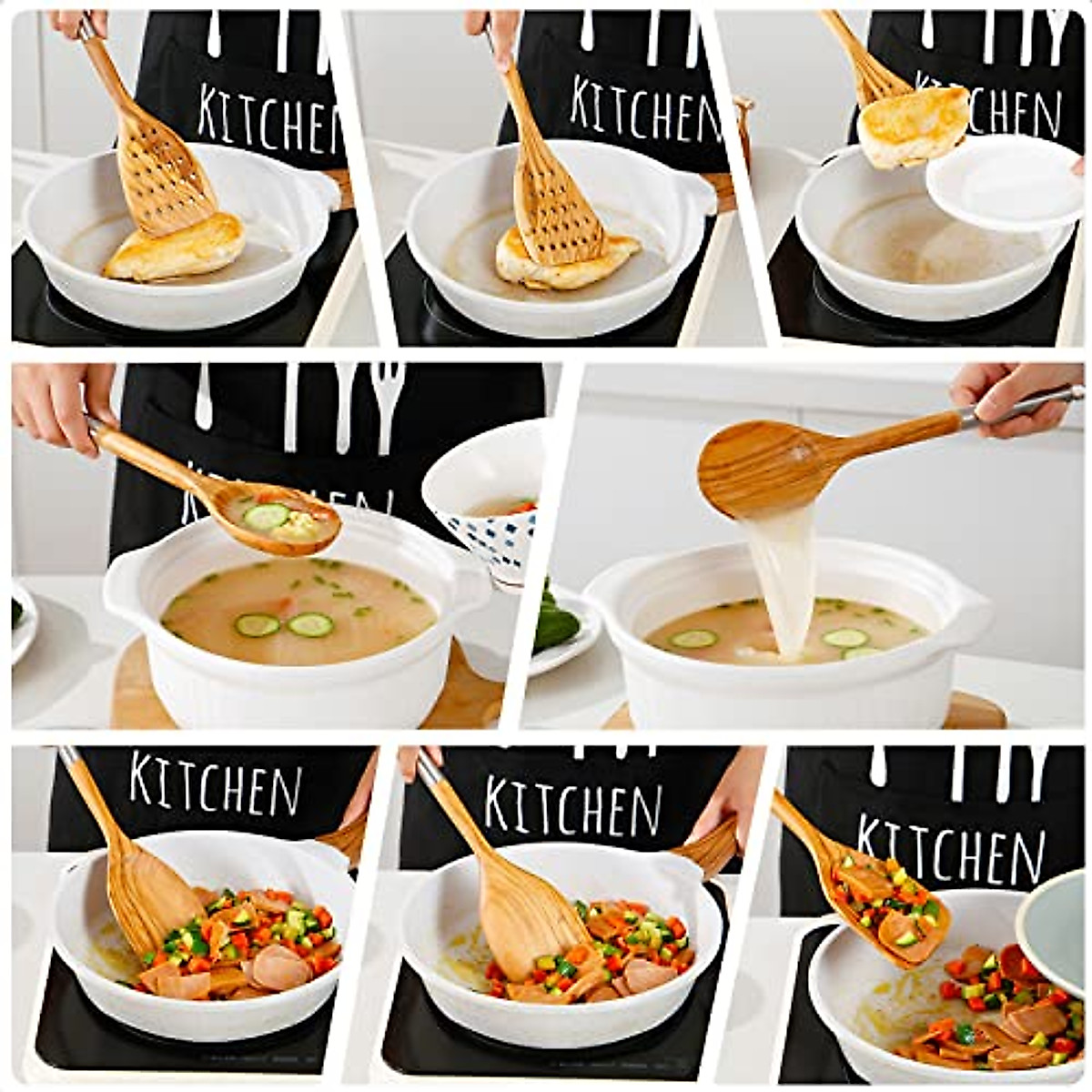 Olive Wooden Spoons for Cooking, NAYAHOSE 5 Pcs Cooking Utensils Set with Stainless Steel Handle, Heat-Resistant Olive Wood Spatulas for Non-Stick Pan