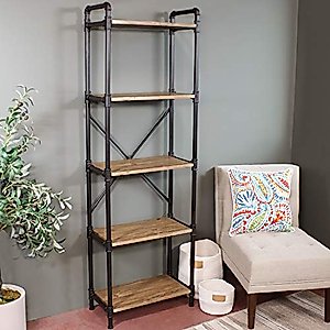 Sunnydaze 5-Tier Freestanding Industrial Bookshelf for Living Room - Black Pipe Style Frame with Wood Veneer Shelves - Brown