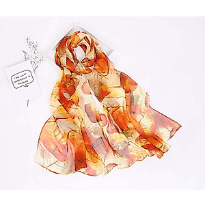 AliceLife Fashion Print Silk Feeling Scarfs for Women Lightweight Sheer Scarf Shawl Wrap Scarves, Leaves&orange, 160*50CM