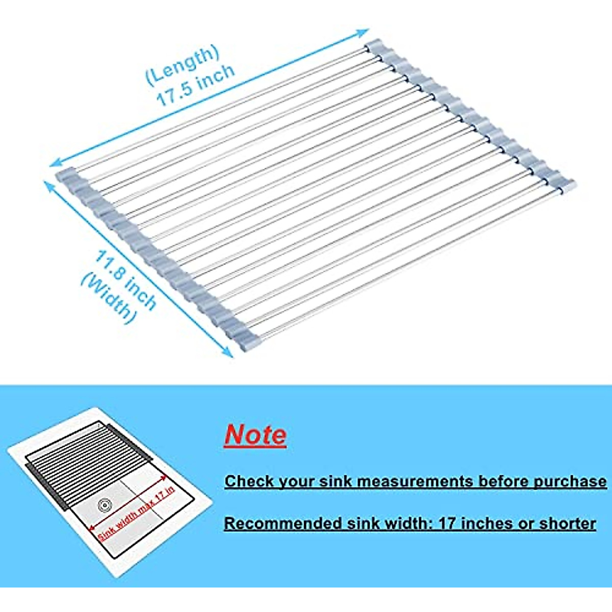 Seropy Roll Up Dish Drying Rack, Over The Sink Dish Drying Rack Kitchen Rolling Dish Drainer, Foldable Sink Rack Mat Stainless Steel Wire Dish Drying Rack for Kitchen Sink Counter (17.5''x11.8'')