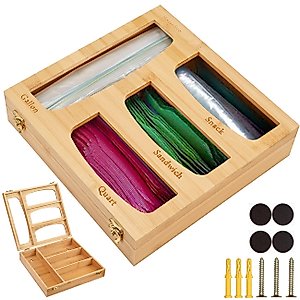 Housedeco Ziplock Bag Storage Organizer,Bamboo Kitchen Drawer Organizer Dispenser with lids,Suitable for Gallon,Quart,Sandwich & Snack Variety Size Ziplock Bag