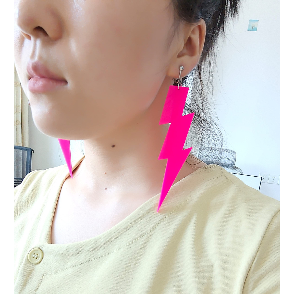 80s Neon Earrings Acrylic Exaggerated Women Lightning Bolt Clip on Earrings Non Pierced Earrings Halloween Jewelry 80's Party (rose red)