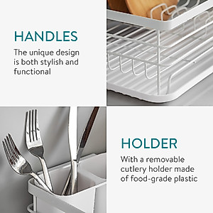 Navaris Dish Drainer Rack - Plate, Cutlery, Pots and Pans Drying Rack for Kitchen - Modern Retro Design Drip Tray with Metal Rack - White
