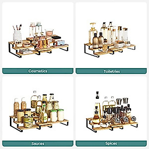 SONGMICS Spice Rack, Set of 2 Cabinet Shelf Organizers, 3-Tier Extendable Spice Holder, Bamboo, Stackable, for Pantry, Cupboard, Countertop, Natural and Black UKCS016N01