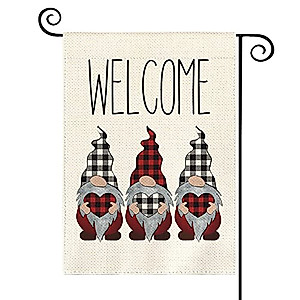 AVOIN colorlife Welcome Buffalo Check Plaid Gnome Love Heart Valentine's Day Garden Flag Outside Double Sided, Anniversary Wedding Yard Outdoor Decoration 12x18 Inch