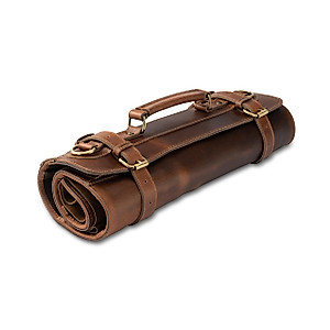 Angus Stoke Premium Leather Knife roll Storage Bag XXL - 14 Pockets, Buffalo Leather with Shoulder Strap, Chef's Knife Bag case Rene (Walnut-Brown)