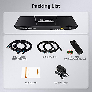 TESmart HDMI KVM Switch 2 Monitors 2 Computers 4K@60Hz, USB 2.0, Dual Monitor KVM Switch HDMI 2 Port Extended Display, EDID emulators, L/R Audio, Hotkey Switch, Button Switch with Input Cables