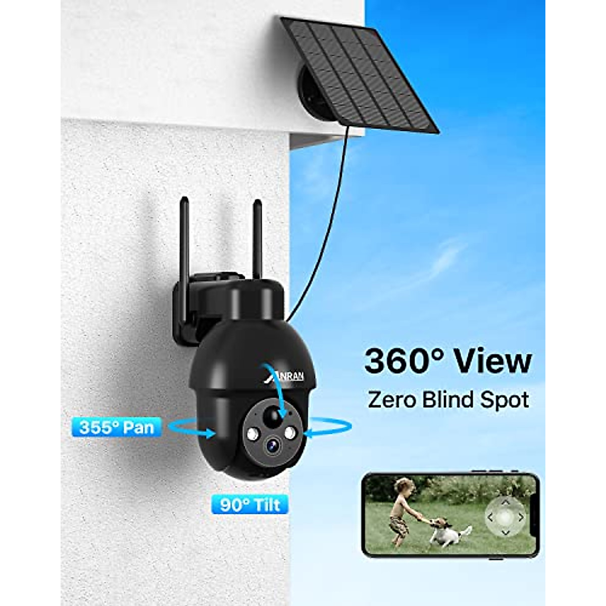 ANRAN 2K Security Camera Outdoor - Solar Camera Wireless with 360° View, Smart Siren, Spotlights, 3MP Color Night Vision, AI Human Detection, 2-Way Talk, Compatible with Alexa, Q3 Black