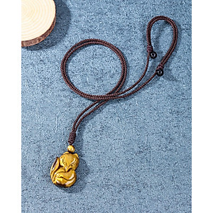 Jovivi Healing Crystal Necklace Natural Tiger Eye Stone Fox Lucky Charm Amulet Bead Pendant Necklace Gemstone Jewelry Adjustable Rope