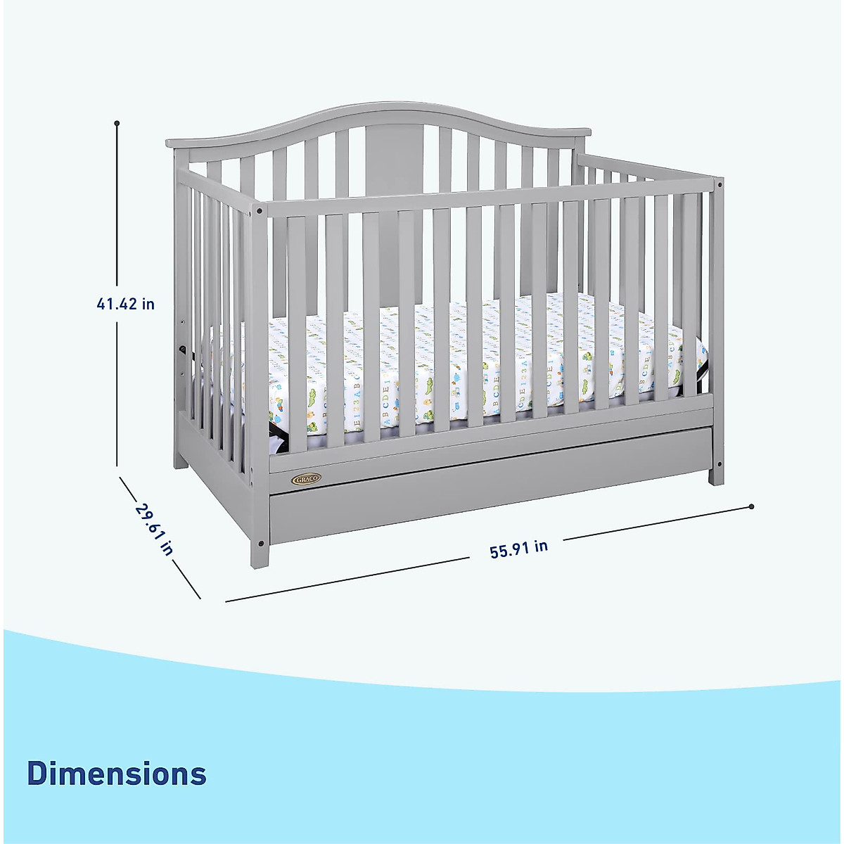 Graco Solano 4-in-1 Convertible Crib with Drawer (Pebble Gray) – GREENGUARD Gold Certified, Crib with Drawer Combo, Includes Full-Size Nursery Storage Drawer, Converts to Toddler Bed and Full-Size Bed