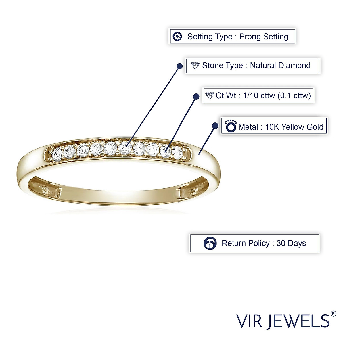 Vir Jewels 1/10 cttw Diamond Wedding Band for Women, 10K Yellow Gold Wedding Band with 10 Stones Prong Set, Size 9.5
