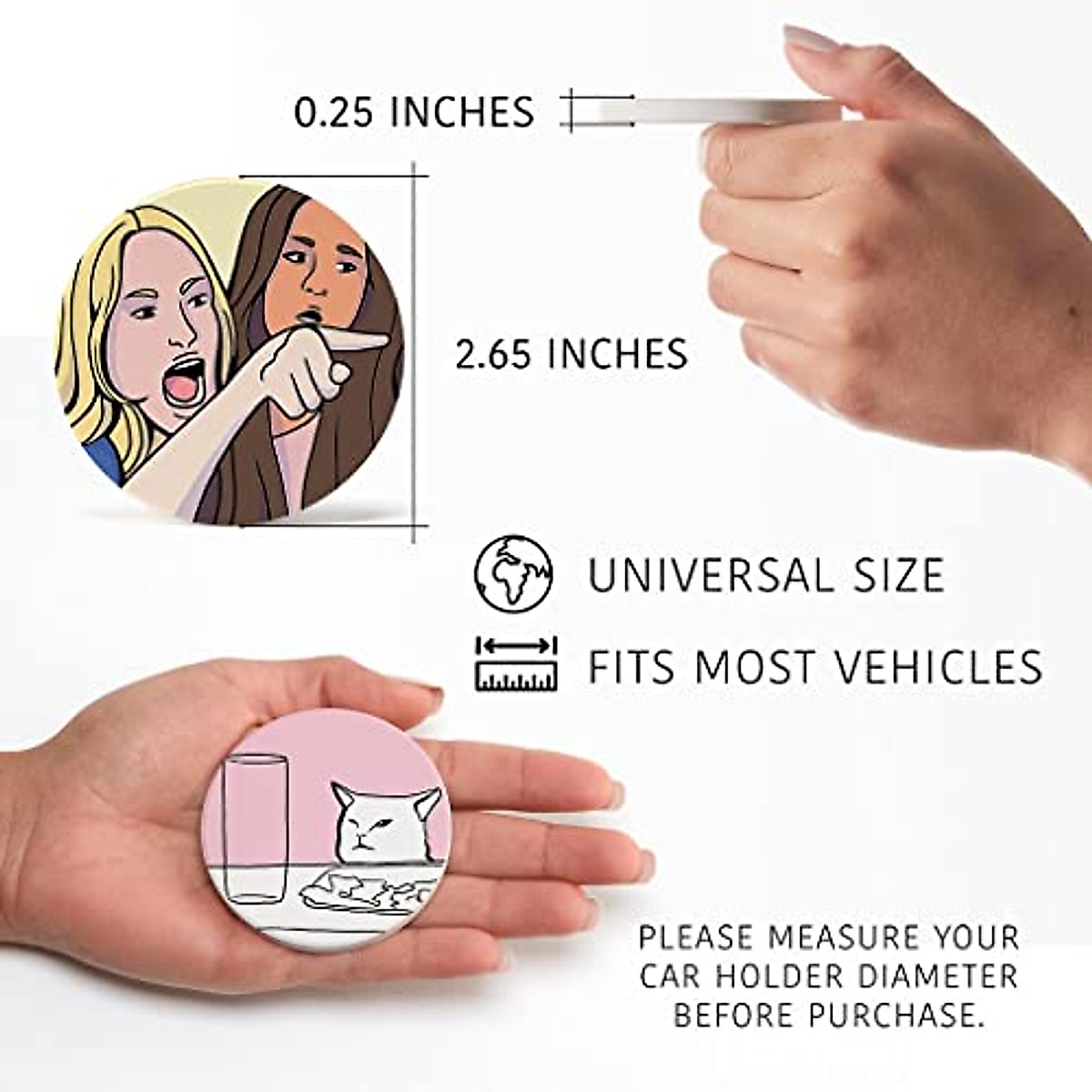 2 Car Coasters, 2.65" Absorbent Ceramic, Coaster Set, Keep Car Clean, Easy Removal Divot Notch, Artist Designed, Auto Accessory, Great Gift (Cat Meme Coaster)