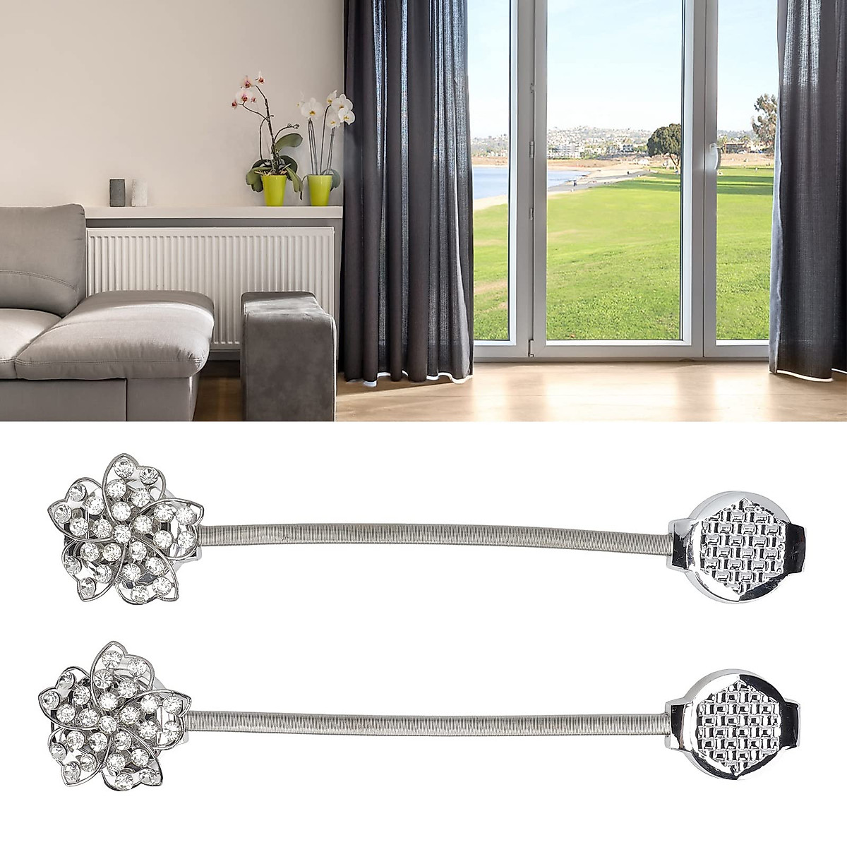 Marooma 2Pcs Magnetic Curtain Tiebacks, Sparkling Crystal Flower Curtain Buckle Clips, Convenient Drape Tie Backs Decorative Curtain Holdbacks Holder Curtain Tiebacks for Home.