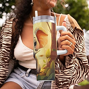 HULIBIN Cute Elephant Print Double Deck Stainless Steel Travel Coffee Cup With Lid 40 Oz Ice Bully Cup