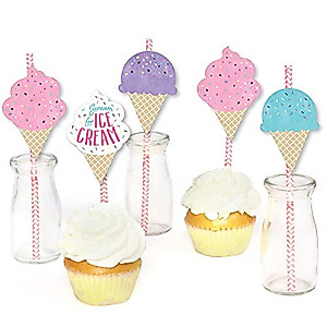 Big Dot of Happiness Scoop Up the Fun - Ice Cream - Paper Straw Decor - Sprinkles Party Striped Decorative Straws - Set of 24