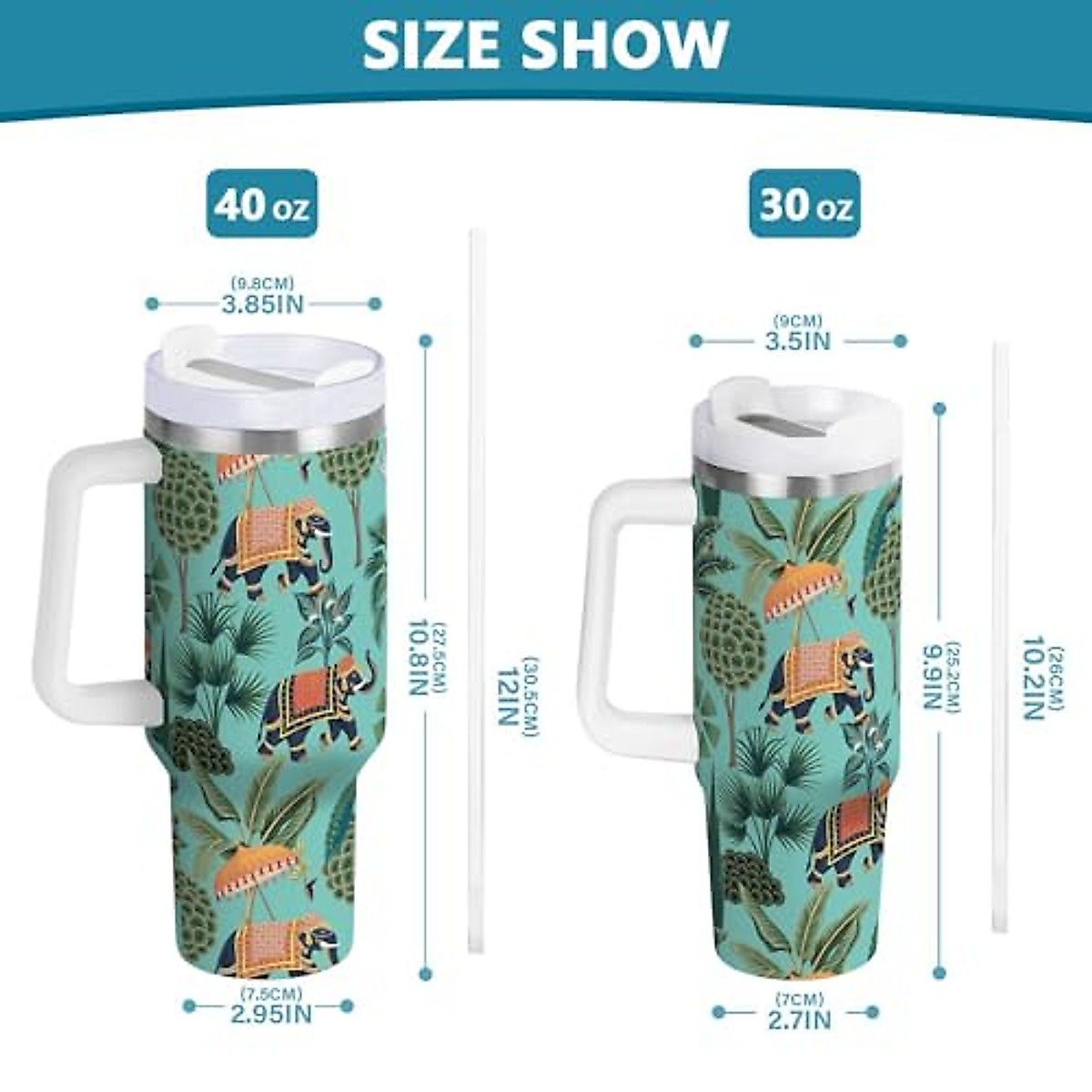Elephants Peacocks Turquoise 40 oz Tumbler with Lid and Straw Insulated Tumblers with Handle Travel Coffee Mug Cup Large Water Bottles Cup for Men Women Sports Gym