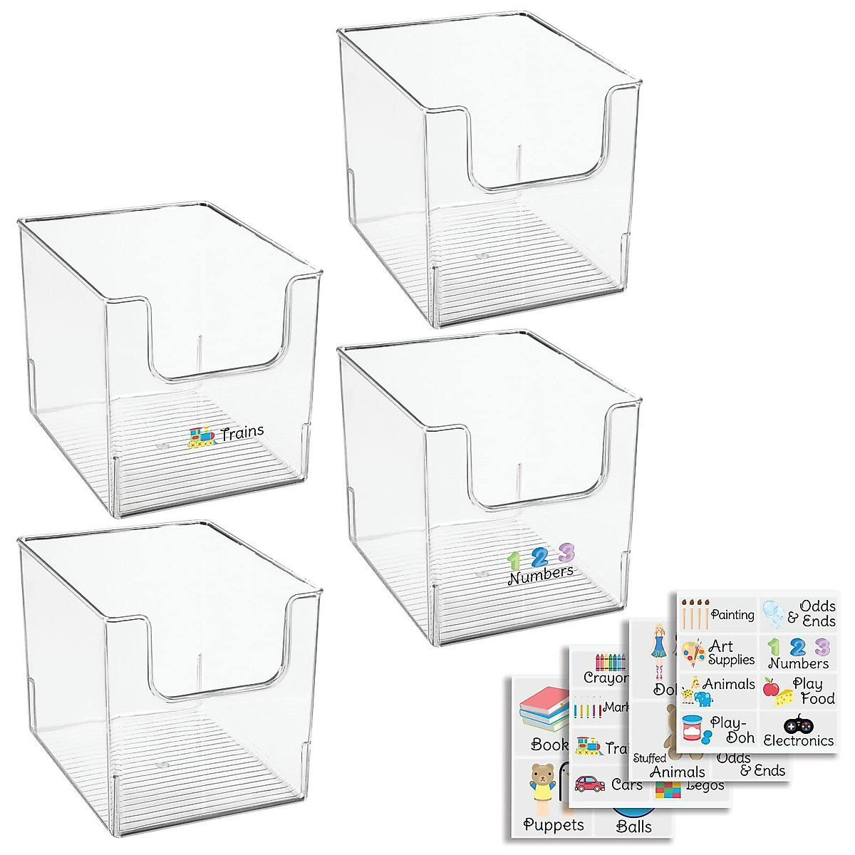 mDesign Open Front Plastic Toy Storage Organizer Bin with Labels - Container for Nursery, Kids Bedroom, Drawer, Dresser, or Playroom Closet - Ligne Collection - Includes 4 Bins + 24 Labels - Clear