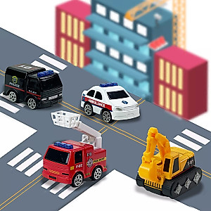 16-Piece Diecast Metal Toy Car Set - Fun Play Trucks with Police, Construction, Ambulance & Firetruck Vehicles in 4 Storage Tubes - Perfect for Party Favors & Kids