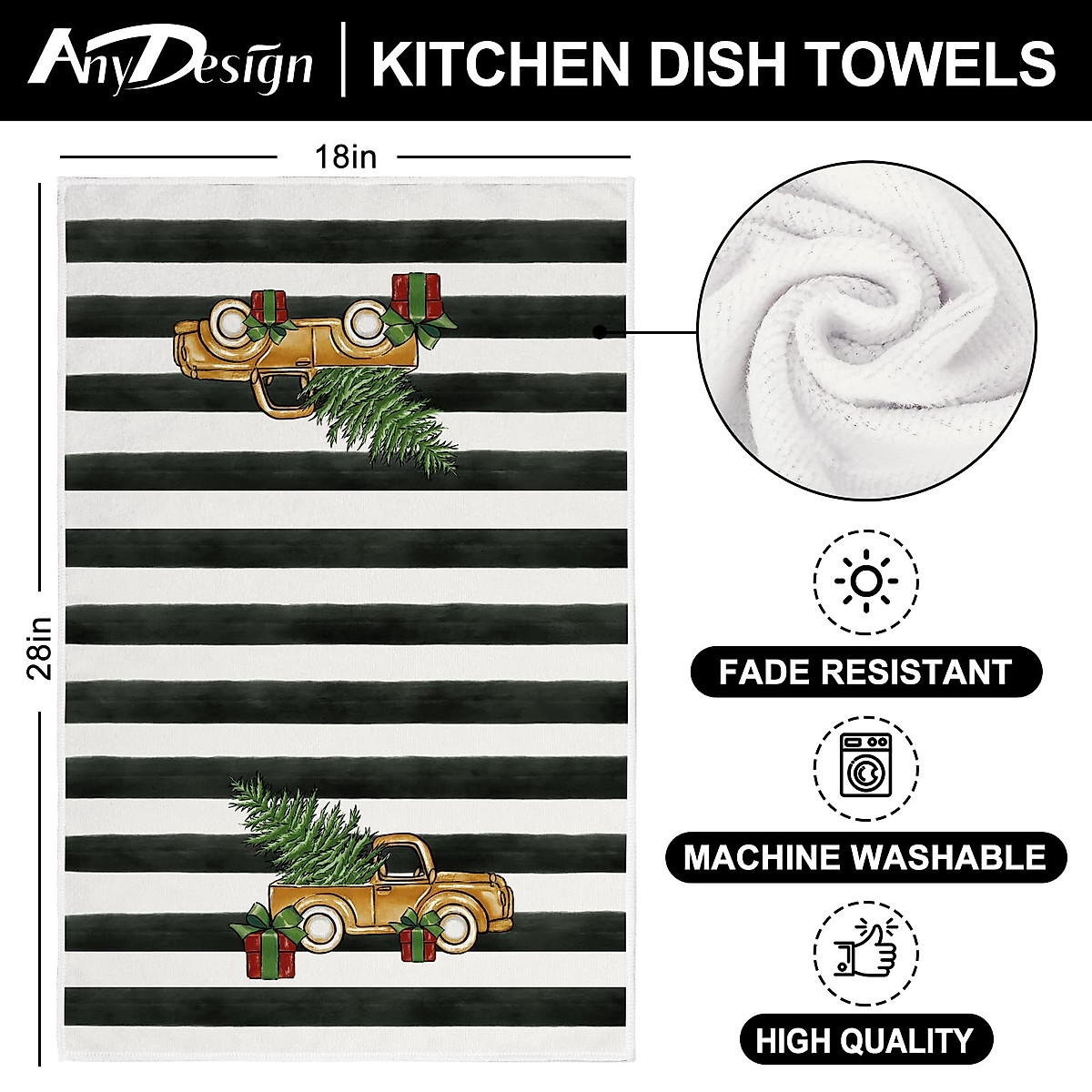 AnyDesign Christmas Kitchen Towel 18 x 28 Inch Xmas Tree Truck Dish Towel White Black Buffalo Plaids Stripe Holiday Tea Towel Farmhouse Rustic Hand Drying Towel for Cooking Baking, 2 Packs