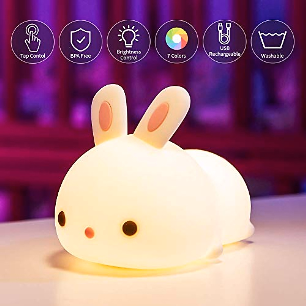 Cute Bunny Night Light for Kids Room,Cute Bunnny Lamp Silicone Girl Toddler Baby Night Light Color Changing Squishy,Nursery Portable Animal Kids Lamp Night Light Bedroom Teen Gifts Kids Toddler Girls