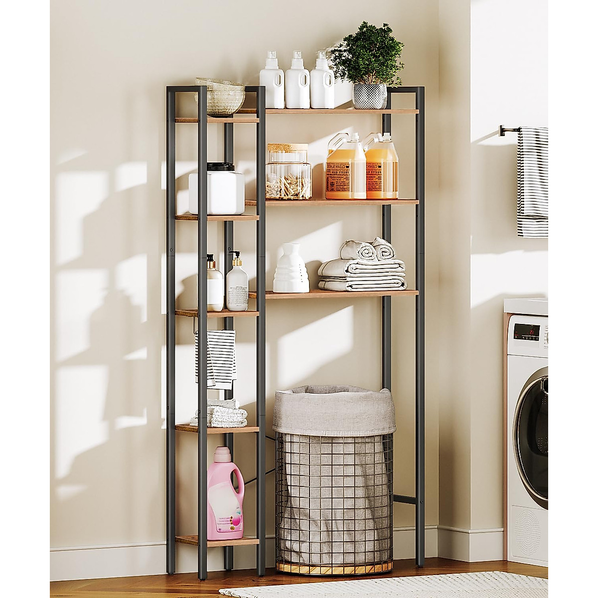 HOOBRO 8-Tier Over The Toilet Storage, Freestanding Bathroom Organizer Space Saver, Mass-Storage Side Storage Open Rack, for Bathroom, Living Room, Laundry, Rustic Brown and Black BF86TS01