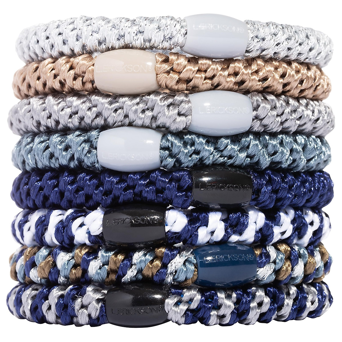 L. Erickson Grab & Go Pony - Indigo Blues - 8 Pack Ponytail Holder Hair Ties - Blue, Navy Mix