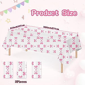 3 Pcs Pink Bow Table Cloth Rectangle Table Party Supplies Bow Theme Disposable Plastic Table Covers Waterproof Coquette Birthday Decorations for Women Girls Bridal Baby Shower Bachelorette Party Decor