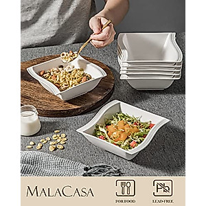 MALACASA Cereal Bowls Set of 6, 15oz Soup Bowls, Porcelain Ice Cream Bowls, White Bowls for Kitchen, Square Serving Bowls for Salads Fruits Pasta Dessert Side Dish, 5.3", Microwave Safe, Series Flora