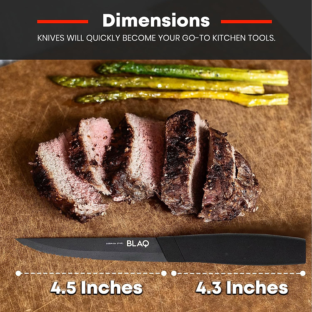 BLAQ Steak Knives Set of 4, German Stainless Steel Serrated Steak Knives with Ergonomic Handles - Dishwasher Safe Steak Knife Set - High Carbon Matte Black Steak Knives with Gift Box