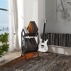 GiftGo Mobile 2 Tier Vinyl Record Storage Holder Black Metal Display Stand with Casters Easy to Move LP storage Book Album Storage Magazine Office Files Organizer Shelf