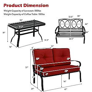 Giantex Patio Loveseat with Coffee Table Outdoor Bench with Cushion and Metal Frame, Loveseat Porch Furniture Set Sofa for Garden, Yard, Patio or Poolside (Deep Red & Black)
