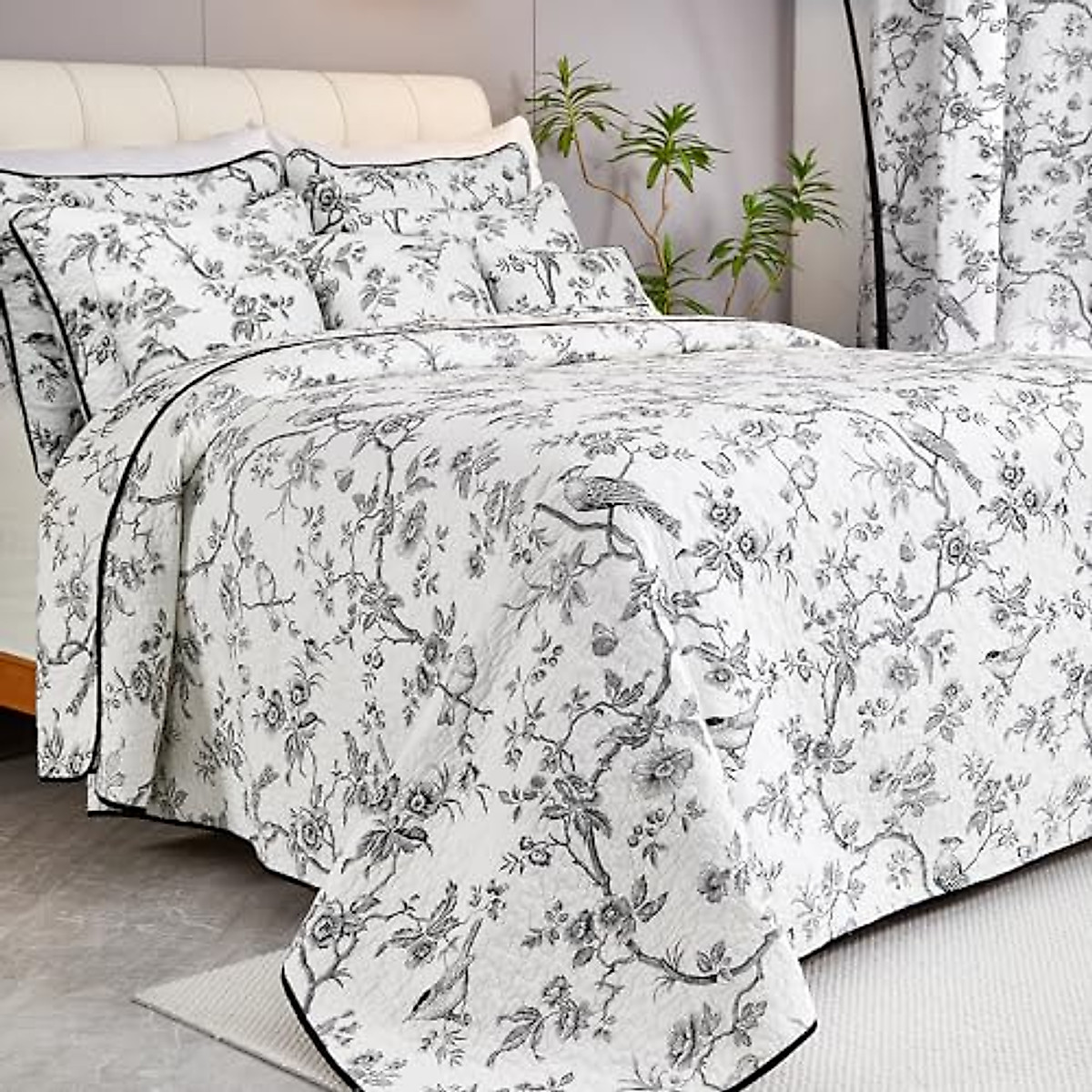 EVENHUG Quilted Pillow Shams Set of 2 Black Bird Pillow Covers Floral Pillowcases Matching Bedding Decoration (20" X 36")