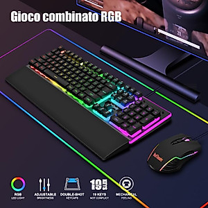 RedThunder K10 Wired Gaming Keyboard and Mouse and Wrist Rest Combo, RGB Backlit, Mechanical Feel Anti-ghosting Keyboard + 7D 7200 DPI Mice+Soft Leather Wrist Rest 3 in 1 PC Gamer Accessories(Black)