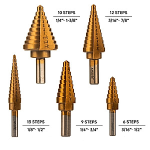 amoolo Titanium Step Drill Bit Set (5Pcs), Total 50 Sizes High Speed Steel (HSS) Unibit with Double Flute Cutting Blades for Soft Metal Sheet, Wood, Plastic, Multiple Hole Drilling Cone Bit Set