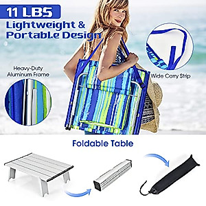 Tangkula 3 Pieces Beach Chairs for Adults, Lightweight Lawn Lounge Chairs with 5 Adjustable Recline Position, Zipper Pocket, Backpack 2 Pack Beach Chairs Set with Folding Side Table (Stripe)