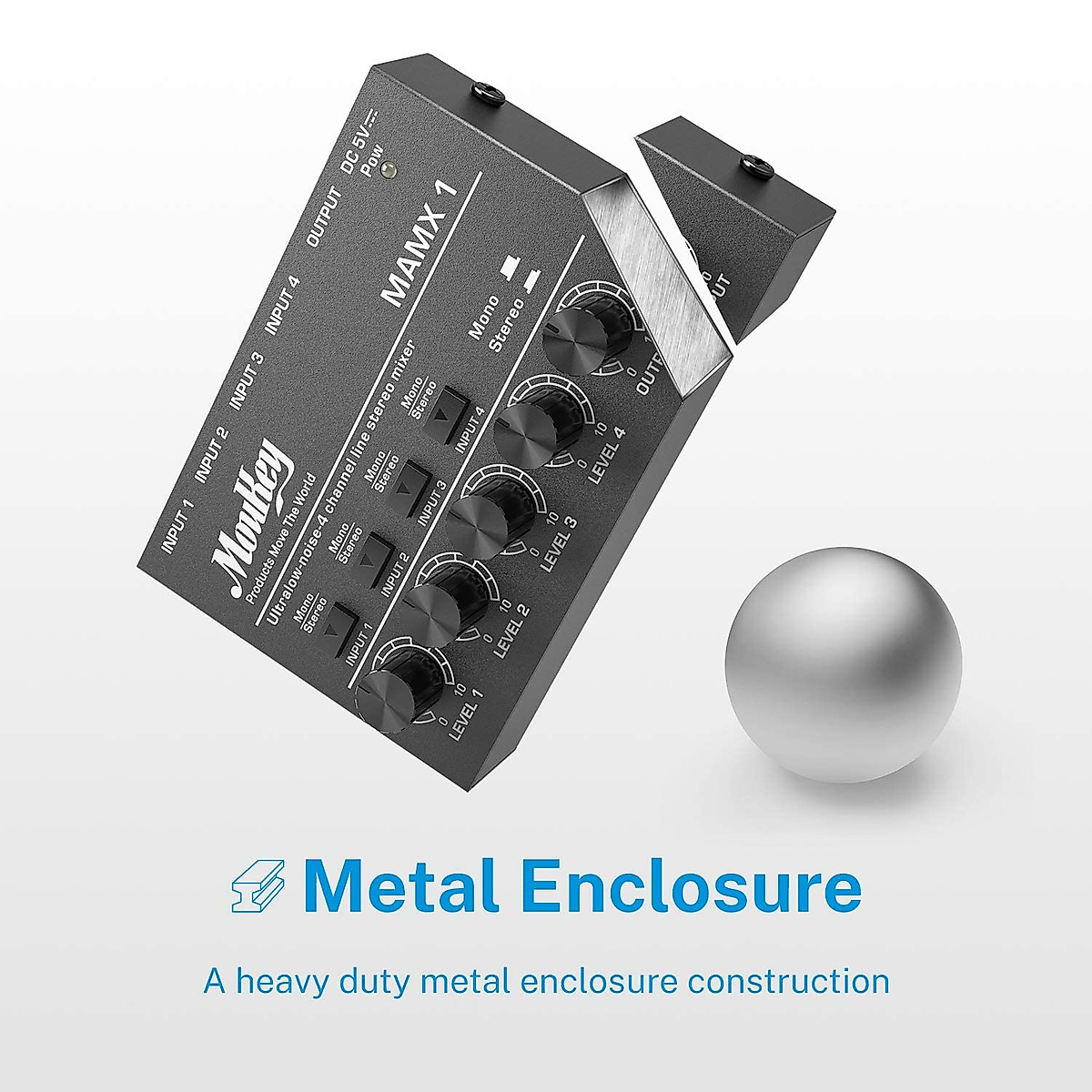 Moukey Mini Audio Mixer Line Mixer, DC 5V, 4-Stereo Ultra, Low-Noise 4-Channel for Sub-Mixing, for Small Clubs or Bars, As Guitars, Bass, Keyboards Mixer, 2021 New Version-MAMX1