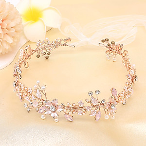 Ammei Headpiece Rose Gold Wedding Headband Flower Leaves Design Hair Vine With Pearls And Rhinestones