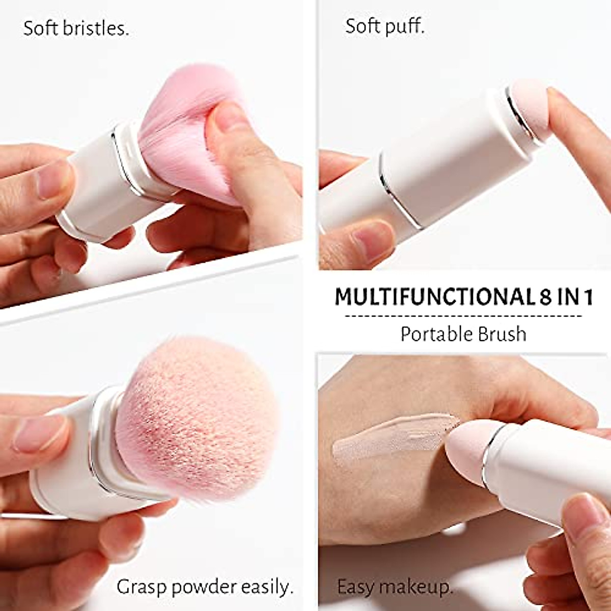 JPNK Portable Makeup Brushes For Travel Makeup - 8 in 1 Travel Loose Powder Brush, Angled Brush,Foundation Blending Lip Brush Retractable Makeup Brushes Sets (White)