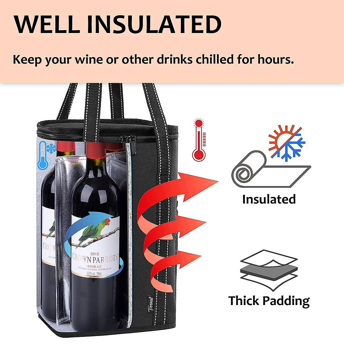 Vina 4 Bottle Wine Carrier - Travel Insulated Wine Carrying Case Cooler Tote Bag with Detachable Divider and Strong Handle, Great for Picnic, Beach Days,Party, Black