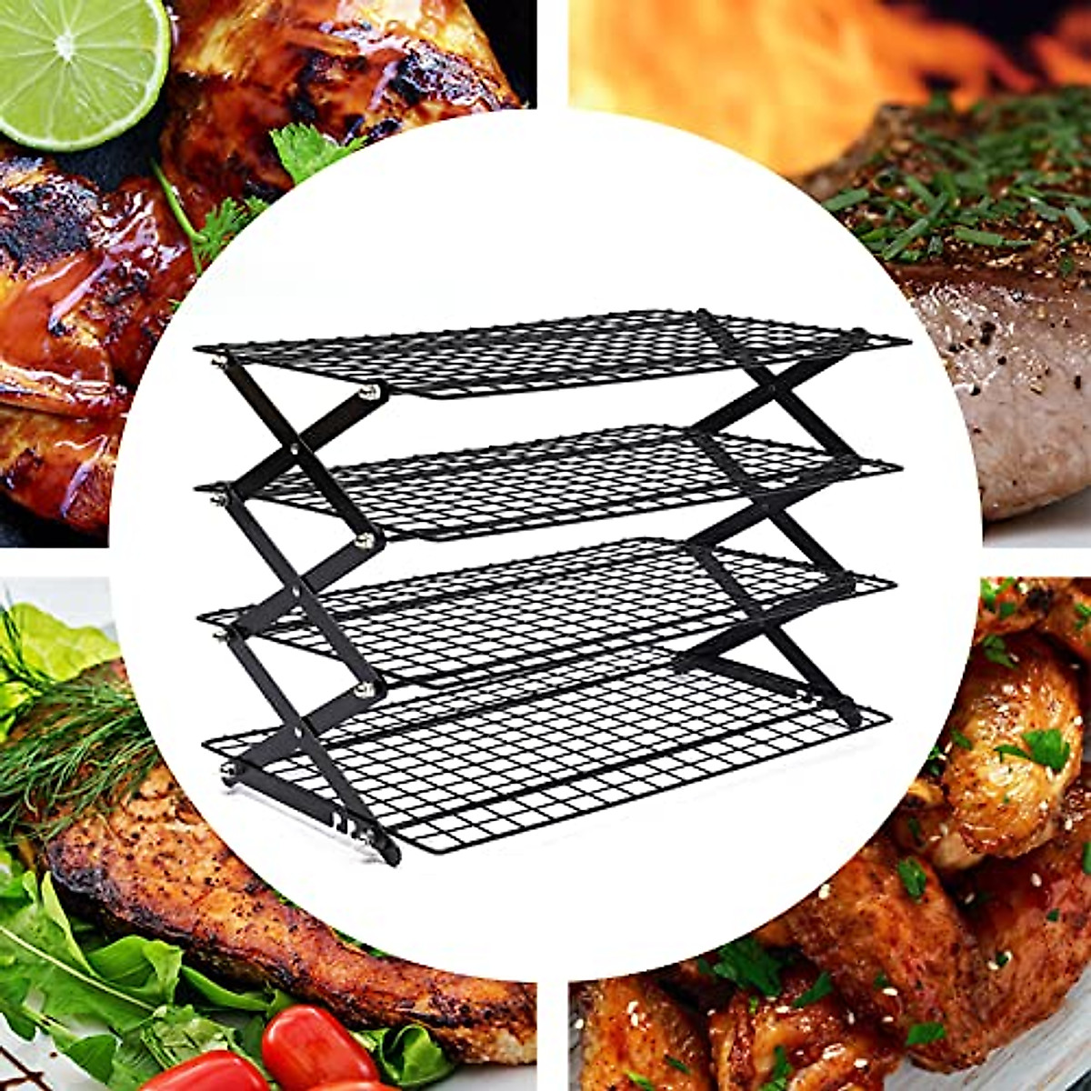 Cooling Rack, 4-Tier Upgraded Collapsible Cooling Rack Portable Foldable Camping Shelf Adjustable Stackable Roasting Cooking Drying Wire Cooling Rack for Cookies Cake Baking