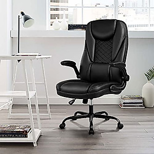 Guessky Office Chair, Executive Office Chair Big and Tall Office Chair Ergonomic Leather Chair with Adjustable Flip-Up Arms High Back Home Office Desk Chairs Computer Chair with Lumbar Support (Black)