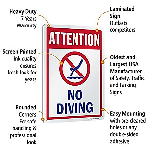 SmartSign 14 x 10 inch “Attention - No Diving” Pool Metal Sign, 40 mil Laminated Rustproof Aluminum, Red, Blue and White