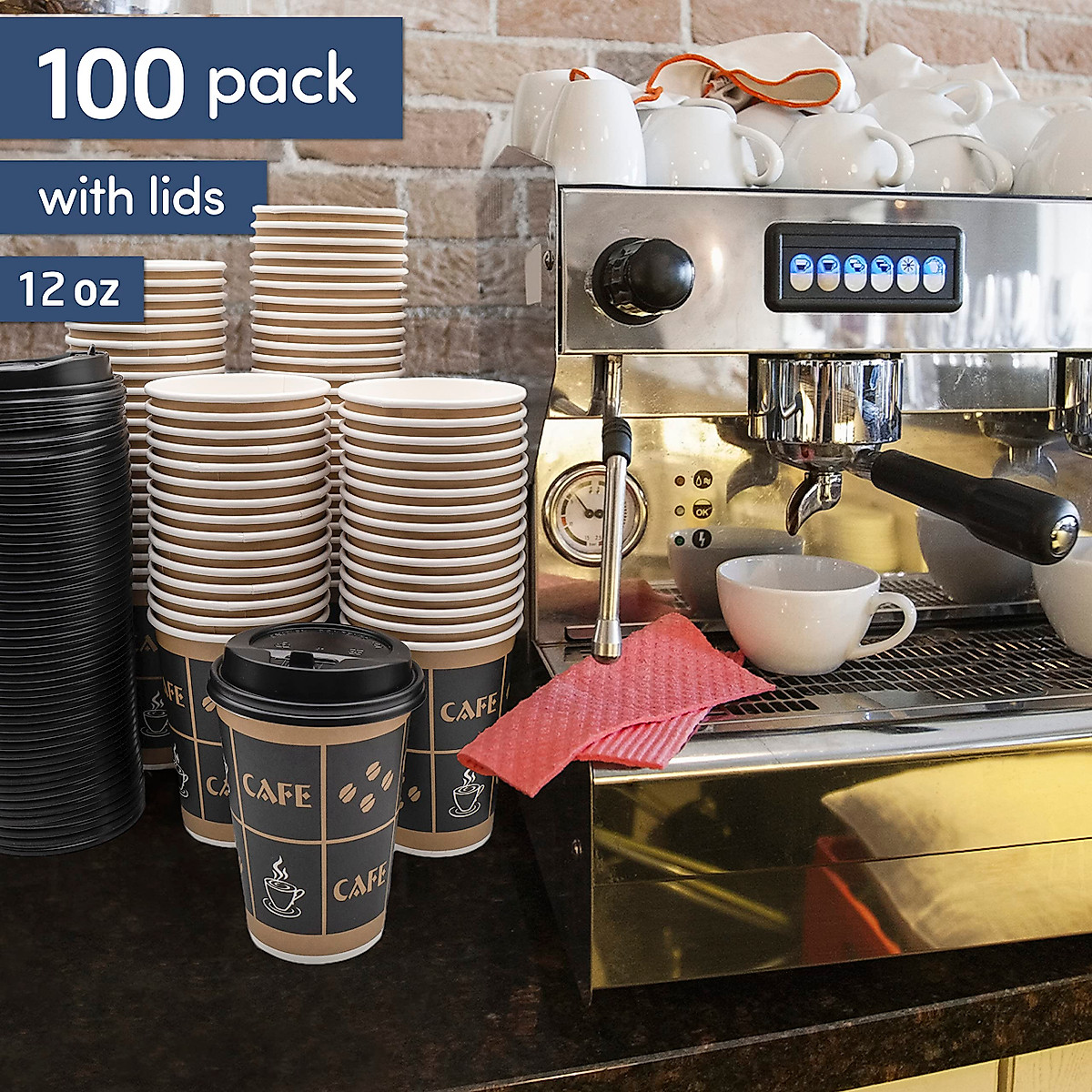 JUST PACK IT [12 oz - 100 Sets with Lids] PREMIUM Paper Hot Coffee Cups with Resealable Lids - Leak Free To Go Disposable Hot Beverage Drinks