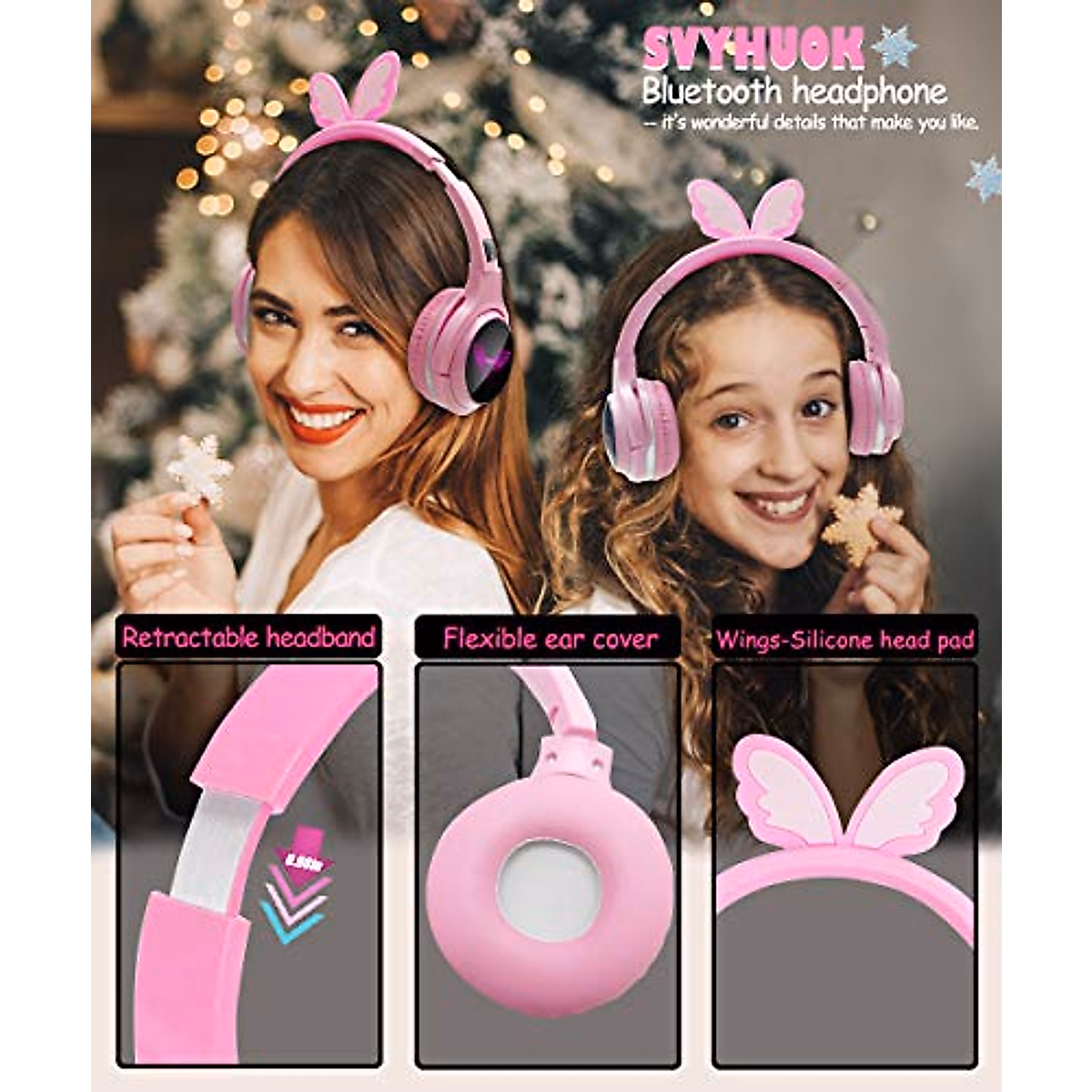 Wireless Headphones for Boys,Girls,Women,Kids,Teens Pink Bluetooth Headset for Smartphones/iPhone/iPad/Laptop/PC/TV Children Over Ear Gaming Headset with Mic&LED Light&Foldable (Angel Wings Pink)
