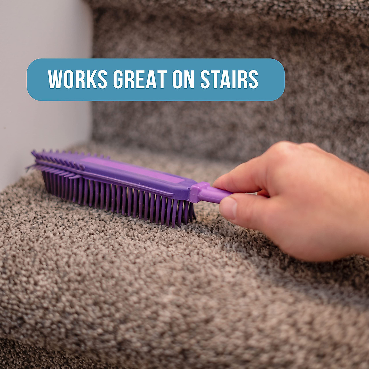 Don Aslett's Rubber Broom (12") and Hand Brush (10") Set | 59-inch Steel Pole | Multipurpose Synthetic Rubber Bristles Cleans Pet Cat or Dog Hair, Liquid Spills on Concrete & Hardwood Surface (Purple)