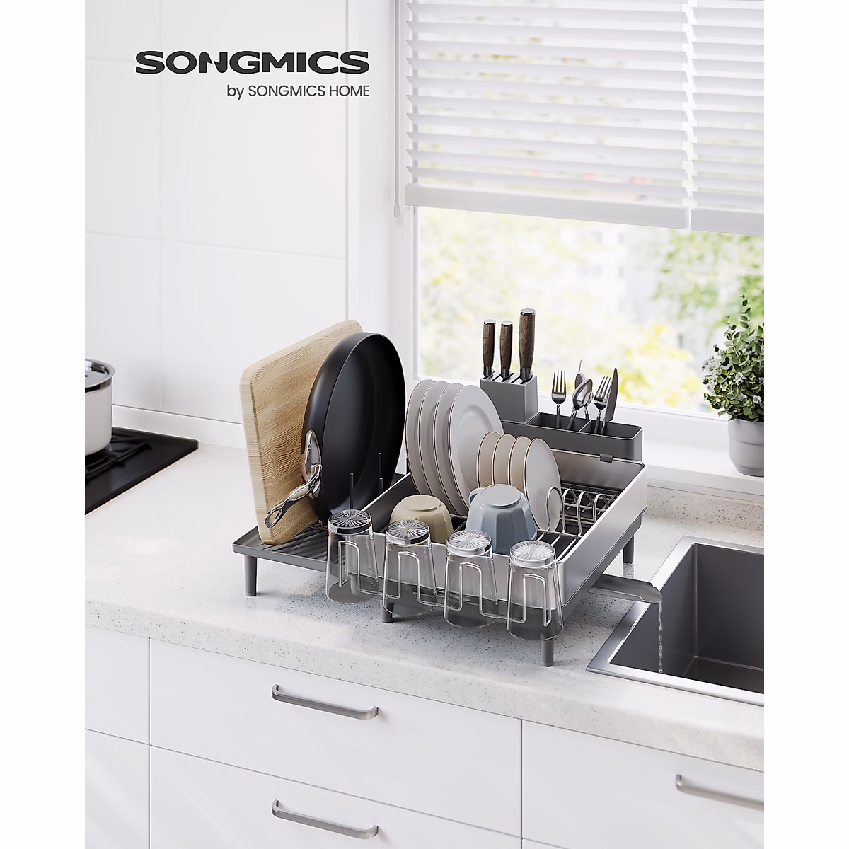 SONGMICS Large Dish Drying Rack, Expandable Dish Dryer for Kitchen Counter, Stainless Steel Dish Rack with Rotatable Spout, Utensil, Cup, Glass, Cutting Board, Pan Holders, Silver and Gray UKCS037G01