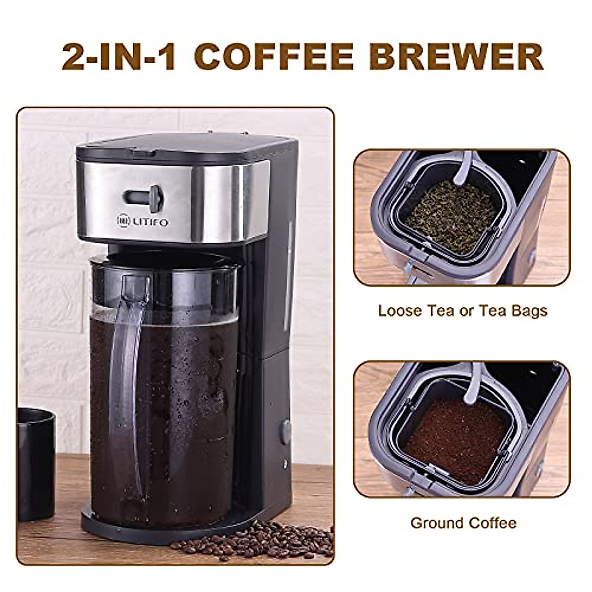 LITIFO Iced Tea Maker and Iced Coffee Maker Brewing System with 2-quart Pitcher, sliding strength selector for Taste Customization, Stainless Steel Decoration (Black)