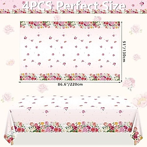 QUERICKY 4 Pack Floral Tablecloths for Birthday, Plastic Rectangle Pink Flower Tablecovers for Tea Party Supplies, Baby Showers, Wedding, Bridal Shower, Birthday, 51x87''