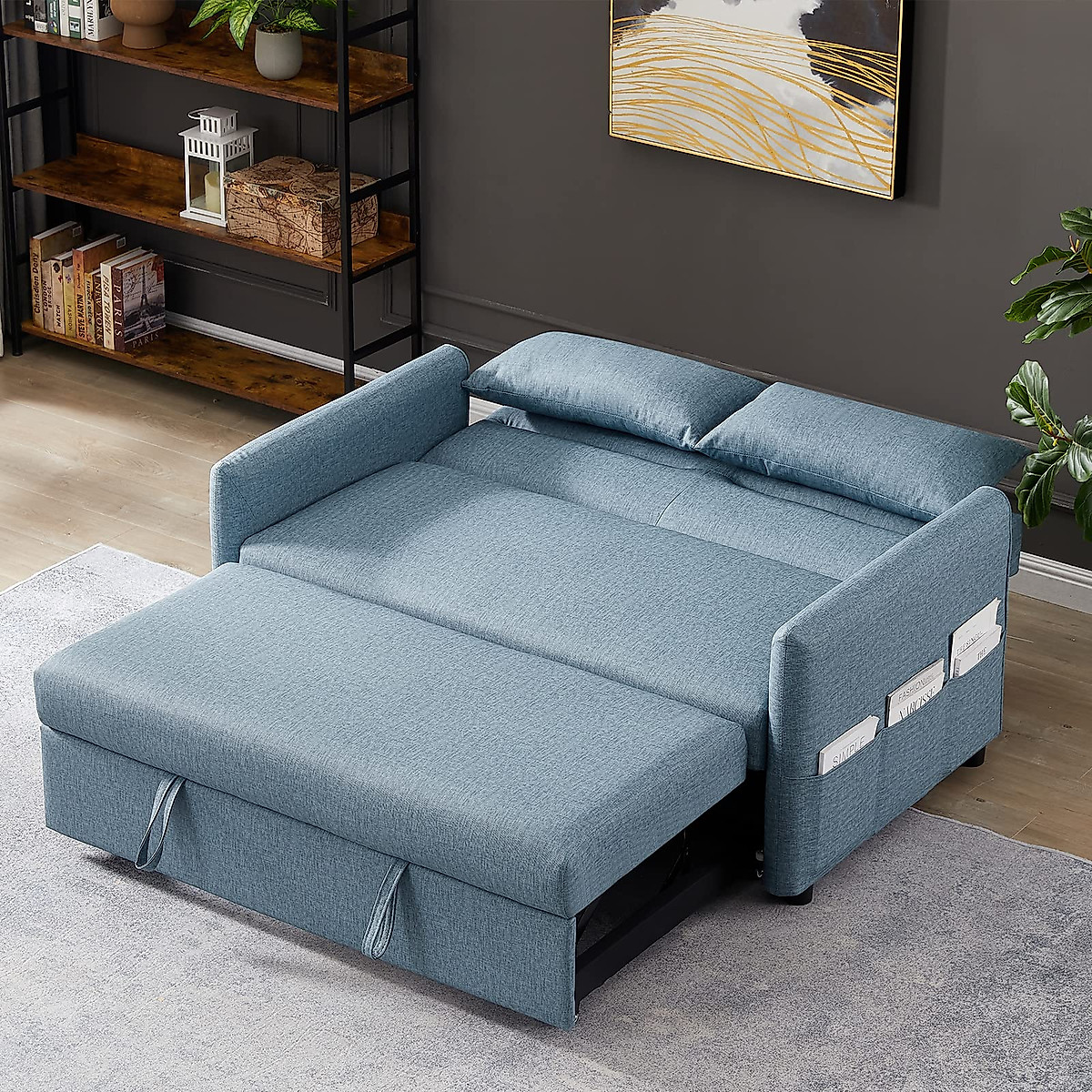 Aoowow Convertible Sleeper Sofa Bed 57 Inches, Faux Leather 2 Seats Sofa with Pull Out Bed,Loveseat Sofa Couch with Adjustable Backrest, 2 Pillows Pocket for Living Room Small Apartment (Sky Blue)